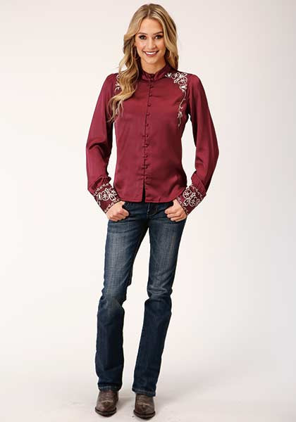 Womens Western Blouse ~ WINE POLY SATIN