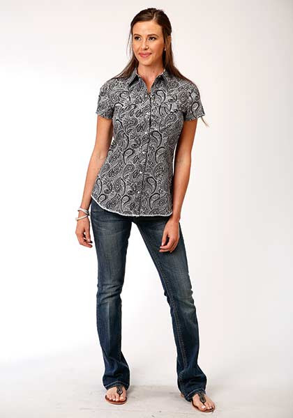 Womens Short Sleeve Western Shirt ~ BLACK PAISLEY