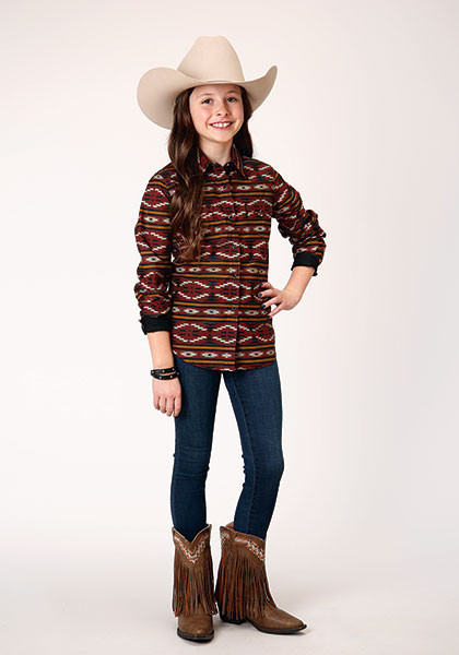 Girl's Western Cowgirl Shirt ~ RED AZTEC HORIZONTAL STRIPE