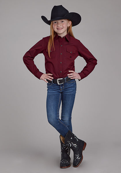 Girl's Western Cowgirl Shirt ~ SOLID BLACK FILL POPLIN - RED