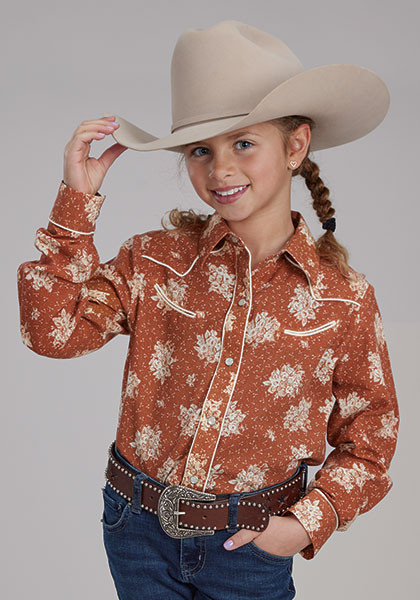 Girl's Western Cowgirl Shirt ~ ORANGE & CREAM FLORAL PRINT